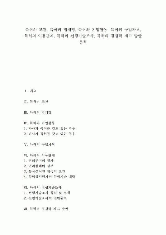 [특허][기업활동][특허 이용관계][특허 선행기술조사][특허 경쟁력 제고 방안]특허의 조건, 특허의 법개정, 특허와 기업활동, 특허의 구입가격, 특허의 이용관계, 특허의 선행기술조사, 특허의 경쟁력 제고방안 분석