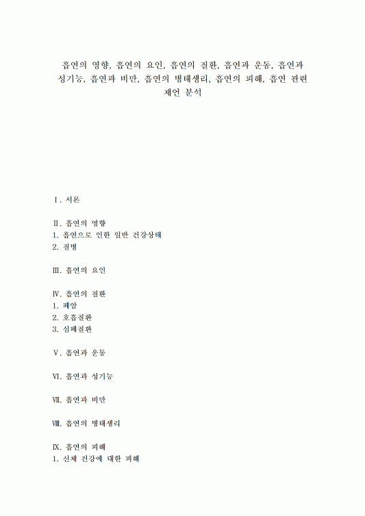 [흡연][질환][운동][성기능][비만][흡연의 병태생리][흡연의 피해]흡연의 영향, 흡연의 요인, 흡연의 질환, 흡연과 운동, 흡연과 성기능, 흡연과 비만, 흡연의 병태생리, 흡연의 피해, 흡연 관련 제언 분석