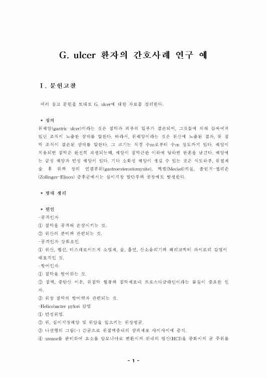 G. ulcer 환자의 간호사례 연구 예 - 위궤양(gastric ulcer)