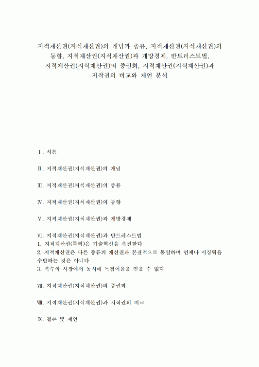 지적재산권(지식재산권)의 개념과 종류, 지적재산권(지식재산권)의 동향, 지적재산권(지식재산권)과 개방경제, 반트러스트법, 지적재산권(지식재산권)의 증권화, 지적재산권(지식재산권)과 저작권의 비교와 제언 분석