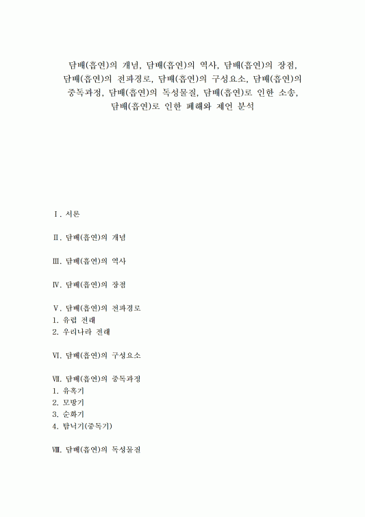 담배(흡연)의 개념, 담배(흡연)의 역사, 담배(흡연)의 장점, 담배(흡연)의 전파경로, 담배(흡연)의 구성요소, 담배(흡연) 중독과정, 담배(흡연) 독성물질, 담배(흡연)로 인한 소송, 담배(흡연)로 인한 폐해와 제언