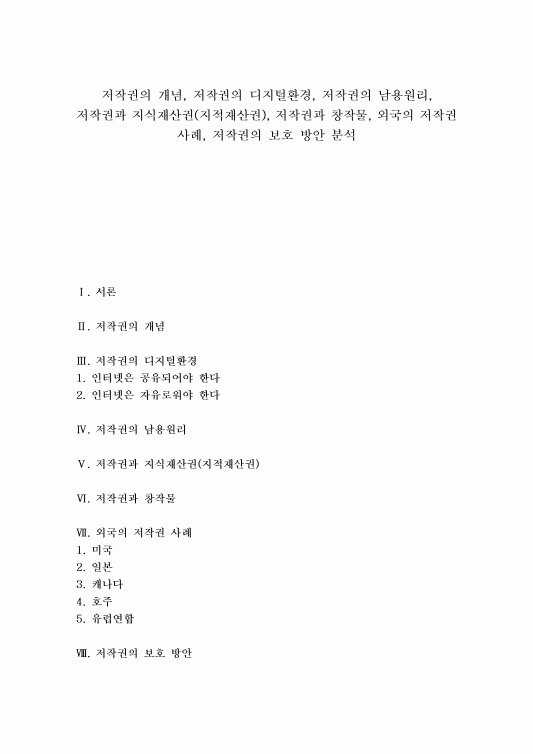 [저작권][지식재산권][지적재산권][창작물]저작권의 개념, 저작권의 디지털환경, 저작권의 남용원리, 저작권과 지식재산권(지적재산권), 저작권과 창작물, 외국의 저작권 사례, 저작권의 보호 방안 분석