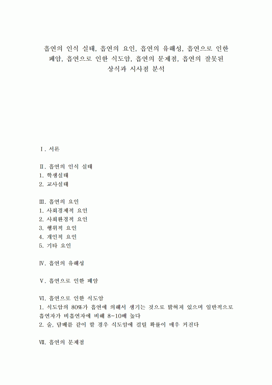 [흡연][폐암][식도암][흡연의 문제점][흡연의 잘못된 상식]흡연의 인식 실태, 흡연의 요인, 흡연의 유해성, 흡연으로 인한 폐암, 흡연으로 인한 식도암, 흡연의 문제점, 흡연의 잘못된 상식과 시사점 분석