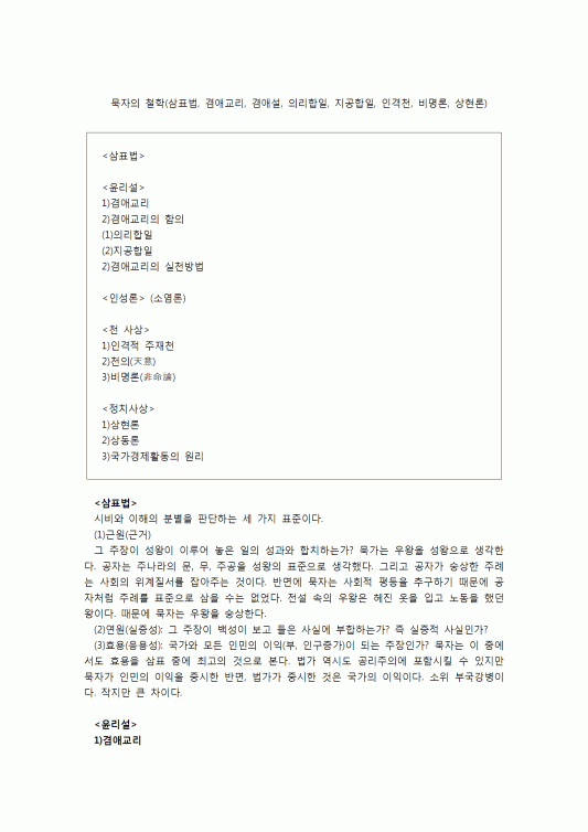 묵자의 철학(삼표법, 겸애교리, 겸애설, 의리합일, 지공합일, 인격천, 비명론, 상현론)