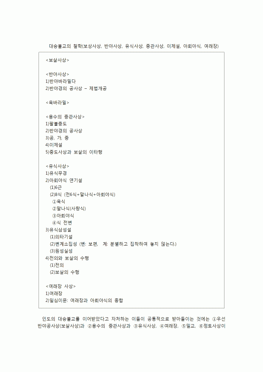대승불교의 철학(보상사상, 반야사상, 유식사상, 중관사상, 이제설, 아뢰야식, 여래장)