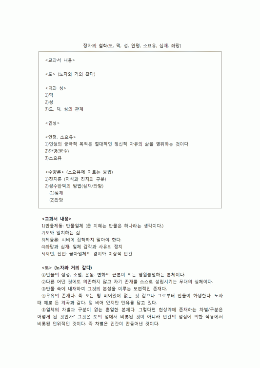 장자의 철학(도, 덕, 성, 안명, 소요유, 심재, 좌망)