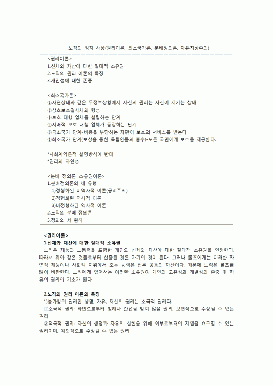 노직의 정치 사상(권리이론, 최소국가론, 분배정의론, 자유지상주의)