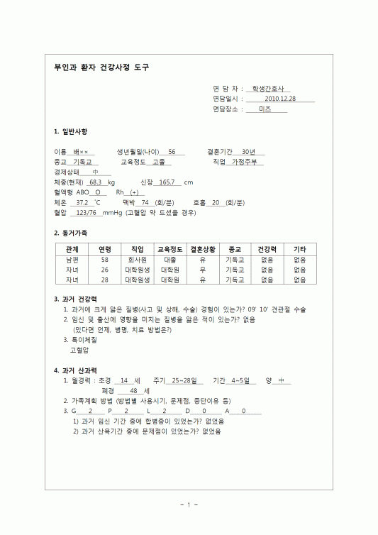 부인과 환자 건강사정 도구 케이스 스터디 (case study)