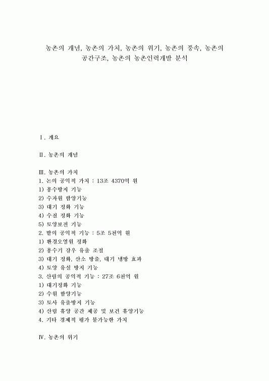[농촌][농촌의 개념][농촌의 가치][농촌의 위기][농촌의 풍속][농촌의 공간구조][농촌의 농촌인력개발]농촌의 개념, 농촌의 가치, 농촌의 위기, 농촌의 풍속, 농촌의 공간구조, 농촌의 농촌인력개발 분석