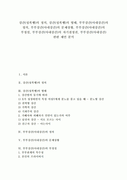 강간(성폭행)의 정의, 강간(성폭행)의 형태, 부부강간(아내강간)의 정의, 부부강간(아내강간)의 문제상황, 부부강간(아내강간)의 부정설, 부부강간(아내강간)의 자기결정권, 부부강간(아내강간) 관련 제언 분석
