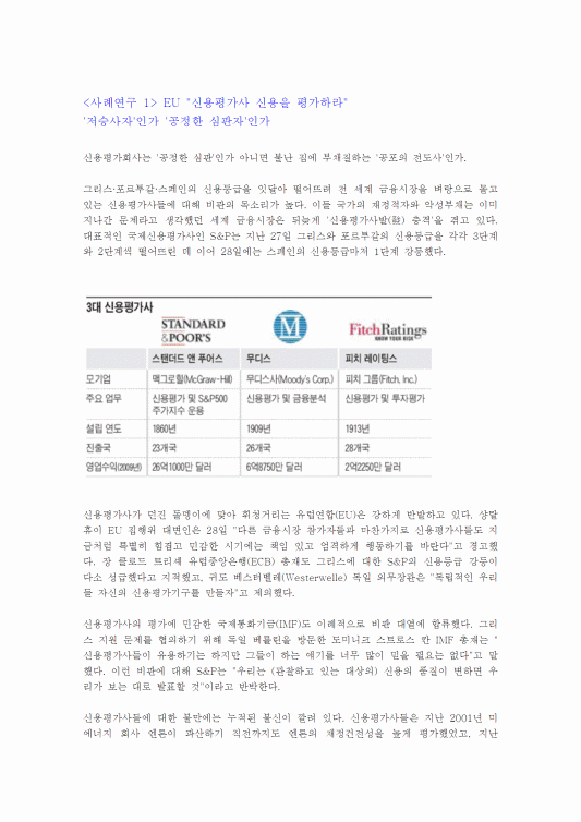 사례연구 - EU, 신용평가사 신용을 평가하라, 기업 신용등급 버블 심각… 못믿을 신용평가사, 신용평가사들의 평가를 무시하라