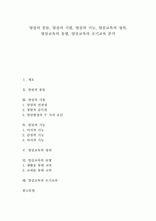 [양심][양심교육][양심 종류][양심 기원][양심 기능][양심교육 정의][양심교육 유형][양심교육 조기교육]양심의 종류, 양심의 기원, 양심의 기능, 양심교육의 정의, 양심교육의 유형, 양심교육의 조기교육 분석