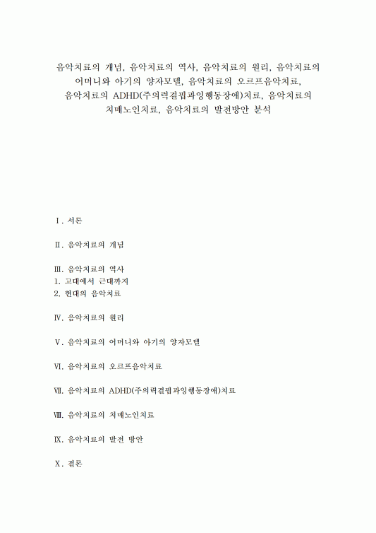 음악치료의 개념, 음악치료의 역사, 음악치료의 원리, 음악치료의 어머니와 아기의 양자모델, 음악치료의 오르프음악치료, 음악치료의 ADHD(주의력결핍과잉행동장애)치료, 음악치료 치매노인치료, 음악치료 발전방안