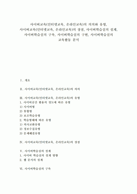 [사이버교육]사이버교육(인터넷교육, 온라인교육)의 의의와 유형, 사이버교육(인터넷교육, 온라인교육)의 장점, 사이버학습실의 설계, 사이버학습실의 구축, 사이버학습실의 구현, 사이버학습실의 교육활동 분석