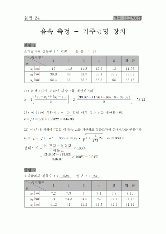 실험 24 음속 측정 - 기주공명 장치