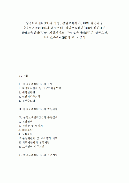 창업보육센터(BI)의 유형, 창업보육센터(BI)의 발전과정, 창업보육센터(BI)의 운영실태, 창업보육센터(BI)의 관련개념, 창업보육센터(BI)의 지원서비스, 창업보육센터(BI)의 성공요건, 창업보육센터(BI)의 평가