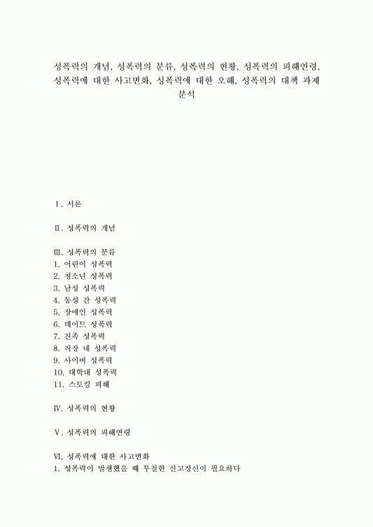 [성폭력][성폭력 피해연령][성폭력에 대한 오해][성폭력 대책][성폭행][성범죄]성폭력의 개념, 성폭력의 분류, 성폭력의 현황, 성폭력의 피해연령, 성폭력에 대한 사고변화, 성폭력에 대한 오해, 성폭력의 대책 과제