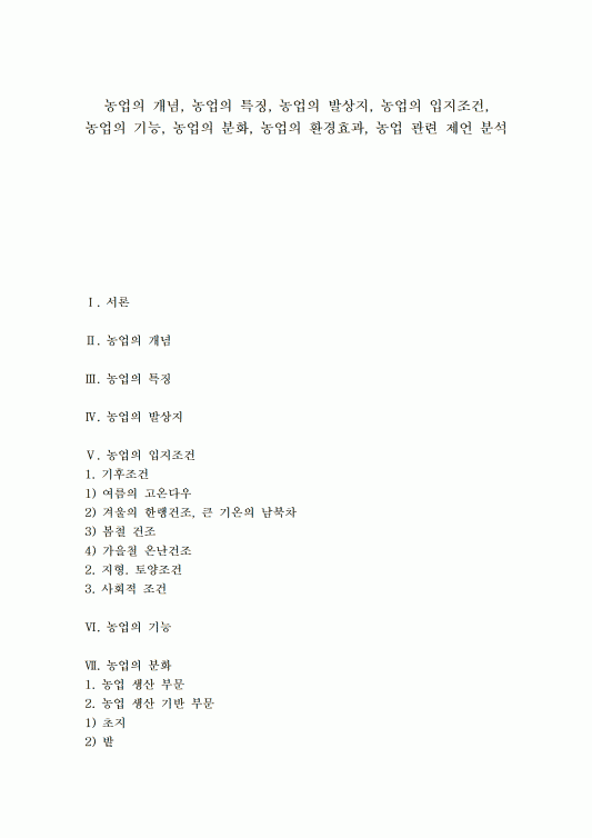 [농업][농업 특징][농업 발상지][농업 입지조건][농업 기능][농업 분화][농업 환경효과]농업의 개념, 농업의 특징, 농업의 발상지, 농업의 입지조건, 농업의 기능, 농업의 분화, 농업의 환경효과, 농업 관련 제언
