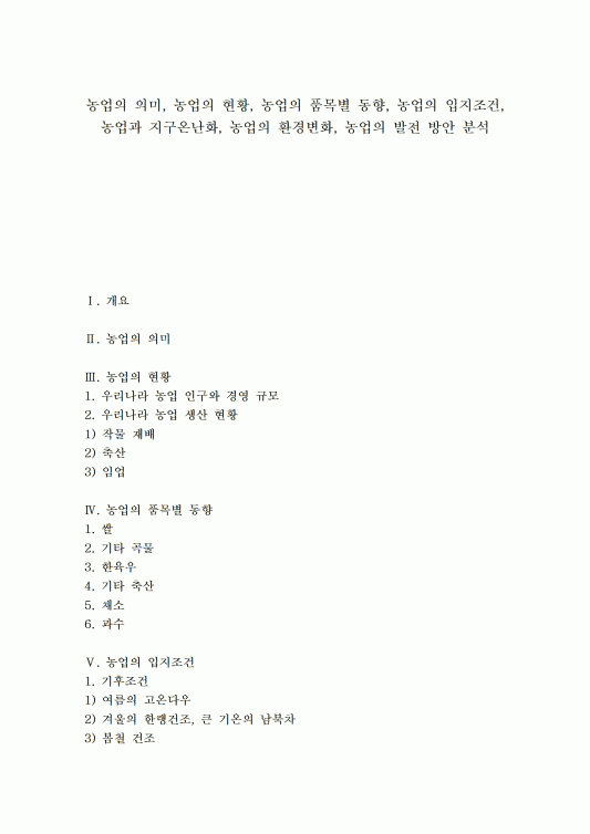 [농업][품목별 동향][입지조건][지구온난화][환경변화][농업의 발전방안]농업의 의미, 농업의 현황, 농업의 품목별 동향, 농업의 입지조건, 농업과 지구온난화, 농업의 환경변화, 농업의 발전 방안 분석