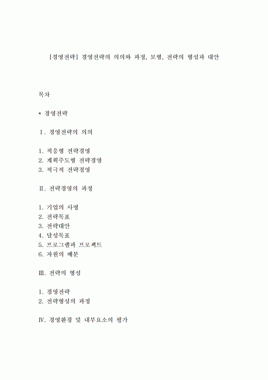 [경영전략] 경영전략의 의의와 과정, 모형, 전략의 형성과 대안