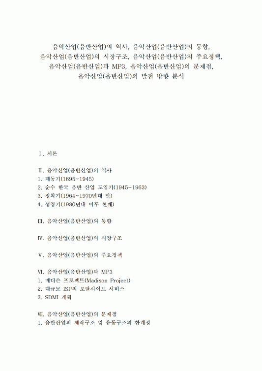 음악산업(음반산업)의 역사, 음악산업(음반산업)의 동향, 음악산업(음반산업)의 시장구조, 음악산업(음반산업)의 주요정책, 음악산업(음반산업)과 MP3, 음악산업(음반산업)의 문제점, 음악산업(음반산업)의 발전 방향 분석