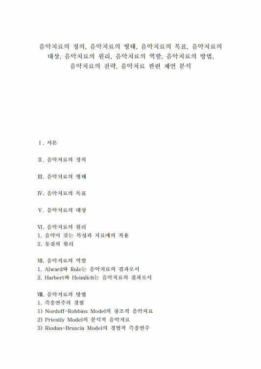 [음악치료][음악치료 방법][음악치료 전략]음악치료의 정의, 음악치료의 형태, 음악치료의 목표, 음악치료의 대상, 음악치료의 원리, 음악치료의 역할, 음악치료의 방법, 음악치료의 전략, 음악치료 관련 제언 분석