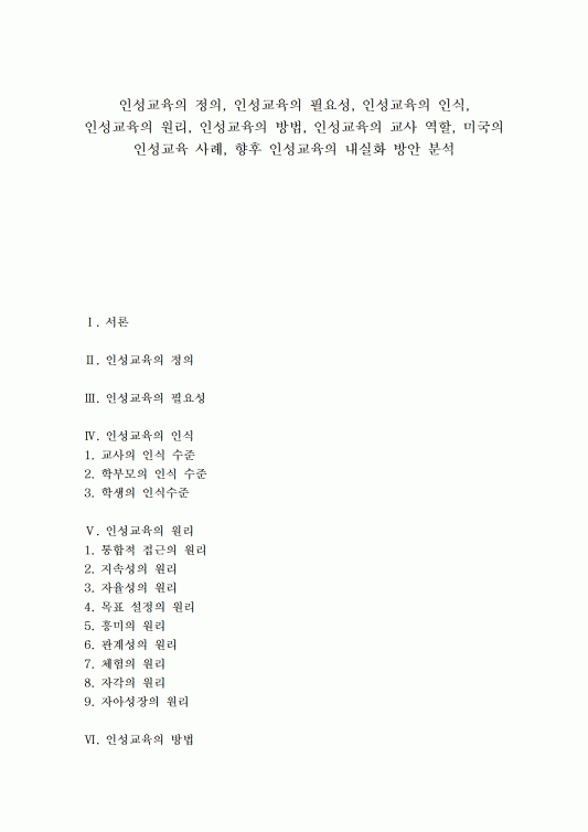[인성교육][인성지도][인성개발]인성교육의 정의, 인성교육의 필요성, 인성교육의 인식, 인성교육의 원리, 인성교육의 방법, 인성교육의 교사 역할, 미국의 인성교육 사례, 향후 인성교육의 내실화 방안 분석