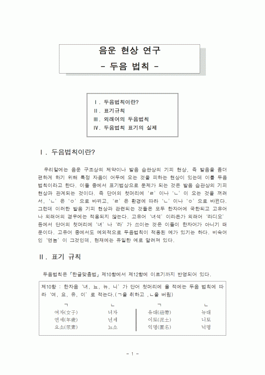 음운 현상 연구 -두음법칙