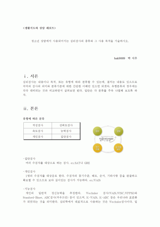 청소년 상담에서 사용되어지는 심리검사의 종류와 그 사용 목적을 기술하시오