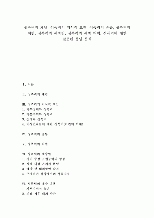 [성폭력][성추행][성희롱][성의식][여성인권][성폭력 예방 대책]성폭력의 개념, 성폭력의 거시적 요인, 성폭력의 종류, 성폭력의 처벌, 성폭력의 예방법, 성폭력의 예방 대책, 성폭력에 대한 잘못된 통념 분석