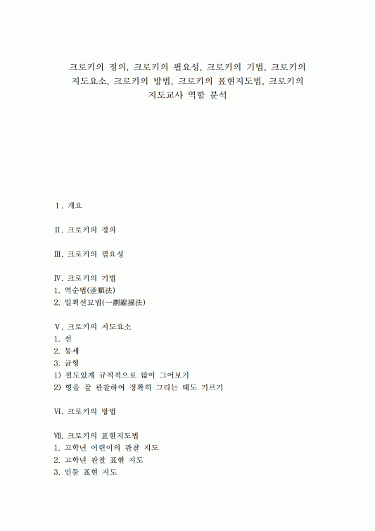 [크로키][크로키의 기법][크로키의 지도요소][크로키의 표현지도법]크로키의 정의, 크로키의 필요성, 크로키의 기법, 크로키의 지도요소, 크로키의 방법, 크로키의 표현지도법, 크로키의 지도교사 역할 분석