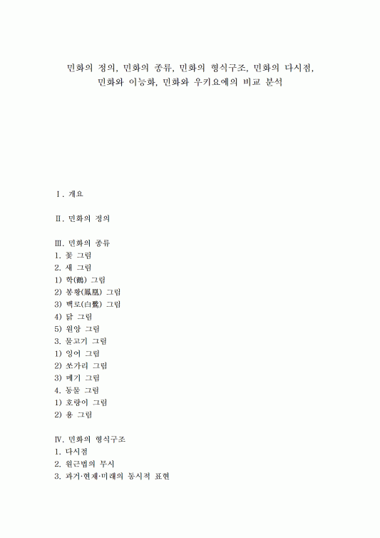 [민화][민화 정의][민화 종류][민화 형식구조][민화 다시점][민화와 이능화][민화와 우키요에 비교]민화의 정의, 민화의 종류, 민화의 형식구조, 민화의 다시점, 민화와 이능화, 민화와 우키요에의 비교 분석