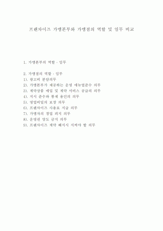프랜차이즈 가맹본부와 가맹점의 역할 및 임무 비교