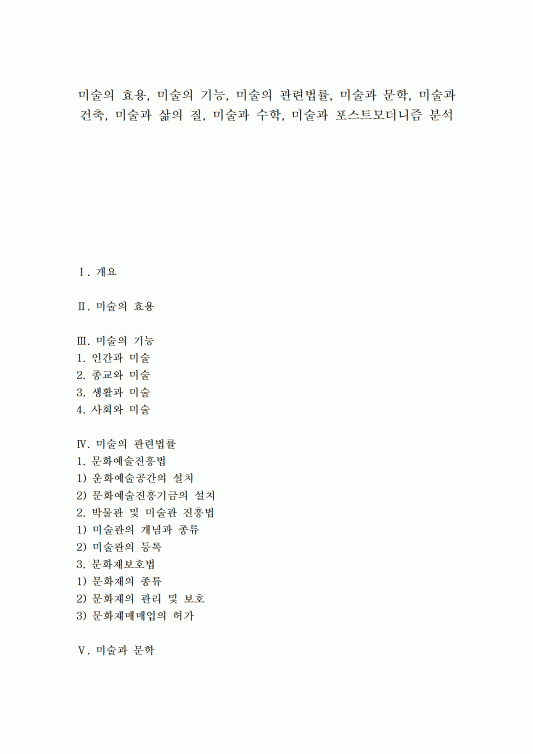 [미술 효용][미술 기능][미술 관련법률][문학][건축][삶의 질][수학][포스트모더니즘]미술의 효용, 미술의 기능, 미술의 관련법률, 미술과 문학, 미술과 건축, 미술과 삶의 질, 미술과 수학, 미술과 포스트모더니즘