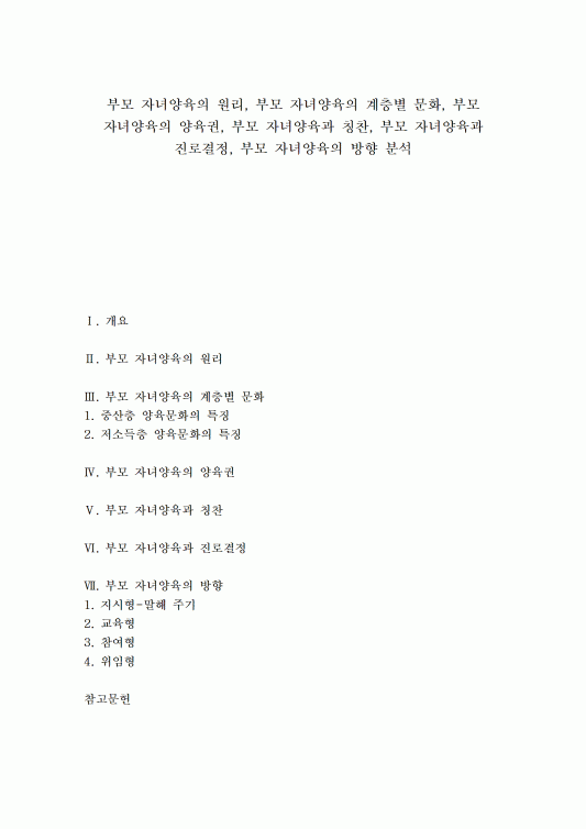 [부모 자녀양육][계층별 문화][양육권][칭찬][진로결정]부모 자녀양육의 원리, 부모 자녀양육의 계층별 문화, 부모 자녀양육의 양육권, 부모 자녀양육과 칭찬, 부모 자녀양육과 진로결정, 부모 자녀양육의 방향
