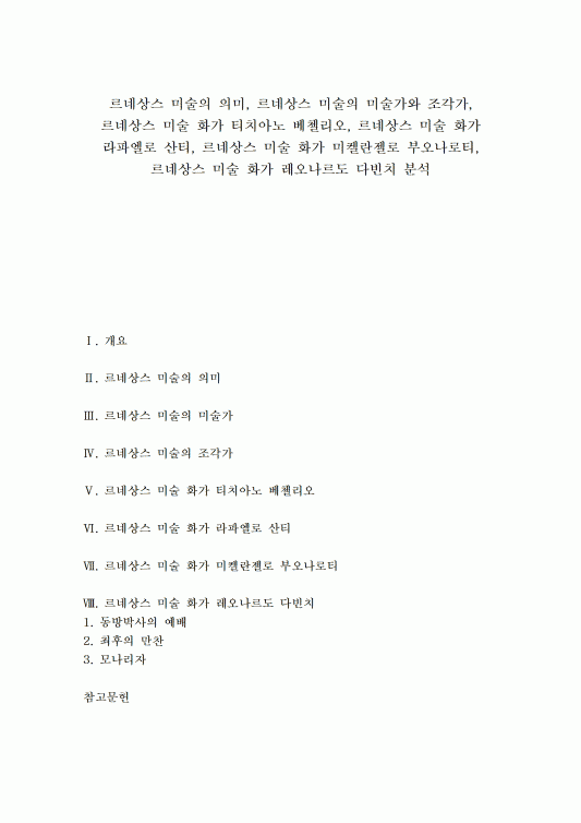 르네상스 미술 의미, 르네상스 미술 미술가,조각가, 르네상스미술 화가 티치아노 베첼리오, 르네상스 미술 화가 라파엘로 산티, 르네상스 미술 화가 미켈란젤로 부오나로티, 르네상스 미술 화가 레오나르도 다빈치