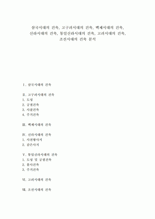 [건축][삼국시대][고구려시대][백제시대][신라시대][통일신라][고려][조선]삼국시대의 건축, 고구려시대의 건축, 백제시대의 건축, 신라시대의 건축, 통일신라시대의 건축, 고려시대의 건축, 조선시대의 건축 분석