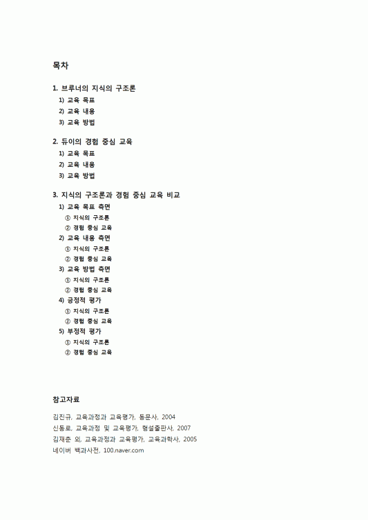 [지식의구조론][경험중심교육]브루너의 지식의 구조론과 듀이의 경험 중심 교육을 교육목표,교육내용,교육방법 측면에서 비교함