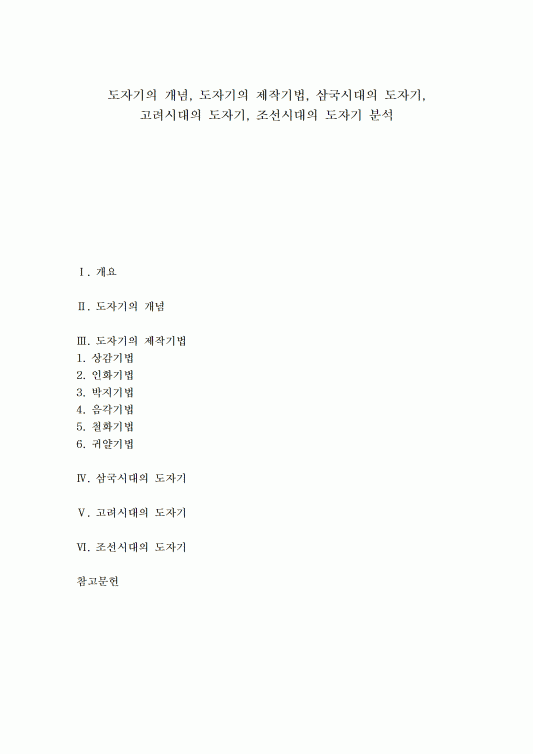 [도자기][도자기의 개념][도자기의 제작기법][삼국시대의 도자기][고려시대의 도자기][조선시대의 도자기]도자기의 개념, 도자기의 제작기법, 삼국시대의 도자기, 고려시대의 도자기, 조선시대의 도자기 분석