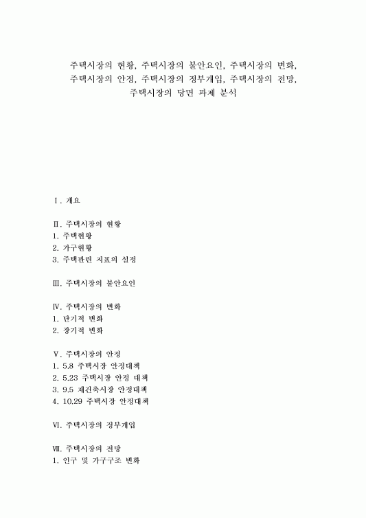 [주택시장][주택시장의 전망][주택시장의 당면과제][부동산][부동산문제][부동산시장]주택시장의 현황, 주택시장의 불안요인, 주택시장의 변화, 주택시장의 안정, 주택시장의 정부개입, 주택시장의 전망, 주택시장의 당면 과제 분석(주택시장, 주택)