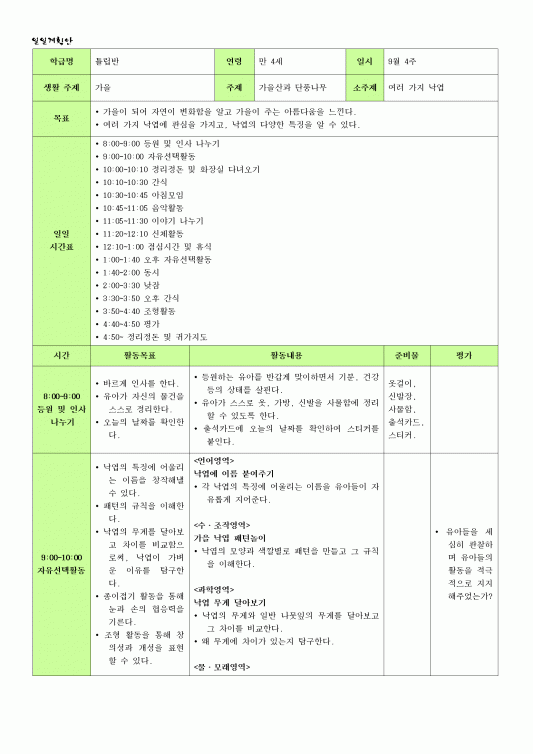 [유아교육] 일일계획안 - 여러가지 낙엽