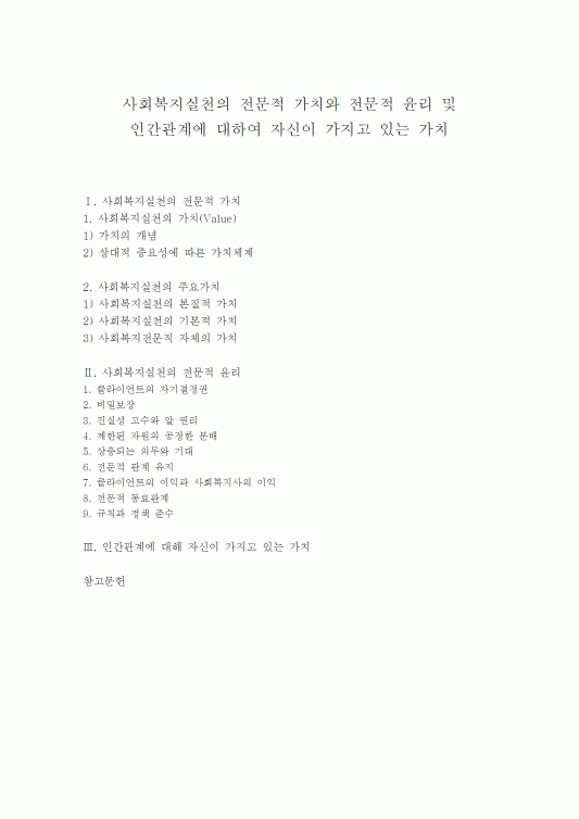 사회복지실천의 전문적 가치와 전문적 윤리 및 인간관계에 대하여 자신이 가지고 있는 가치