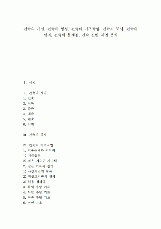 [건축][건축의 형성][건축의 기초작업][건축과 도시][건축의 심의][건축의 문제점][건축 관련 제언]건축의 개념, 건축의 형성, 건축의 기초작업, 건축과 도시, 건축의 심의, 건축의 문제점, 건축 관련 제언 분석