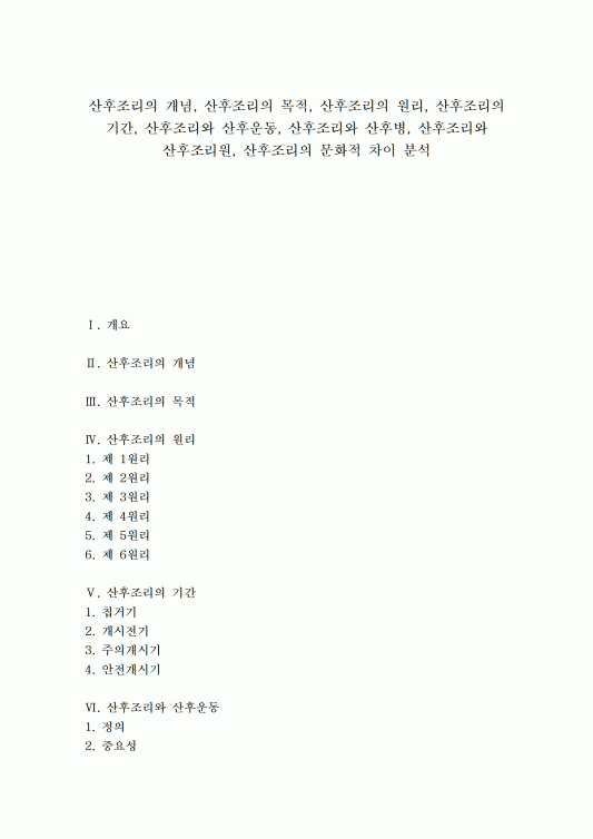 [산후조리][산후운동][산후병][산후조리원]산후조리의 개념, 산후조리의 목적, 산후조리의 원리, 산후조리의 기간, 산후조리와 산후운동, 산후조리와 산후병, 산후조리와 산후조리원, 산후조리의 문화적 차이 분석