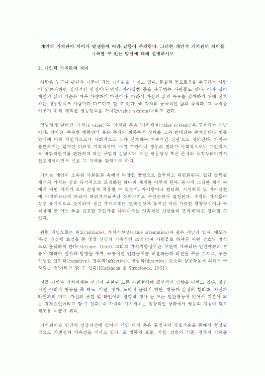 개인의 가치관이 차이가 발생함에 따라 갈등이 존재한다. 그러한 개인적 가치관의 차이를 극복할 수 있는 방안에 대해 설명