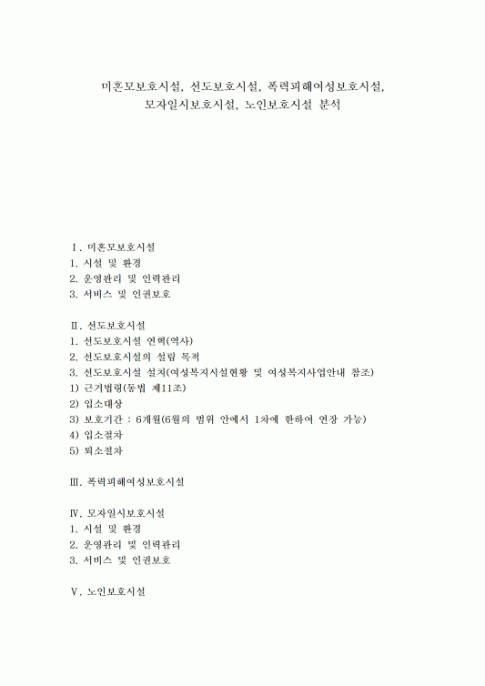 [미혼모보호시설][선도보호시설][폭력피해여성보호시설][모자일시보호시설][노인보호시설][시설][미혼모][선도보호]미혼모보호시설, 선도보호시설, 폭력피해여성보호시설, 모자일시보호시설, 노인보호시설 분석