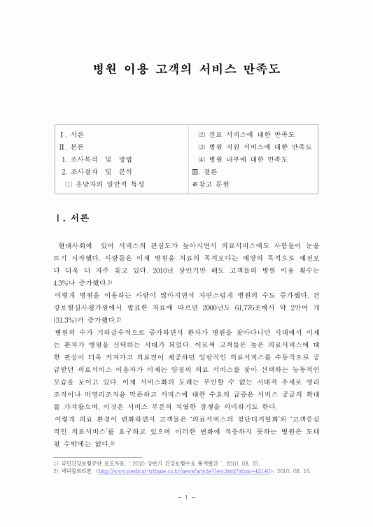 병원 이용 고객의 서비스 만족도