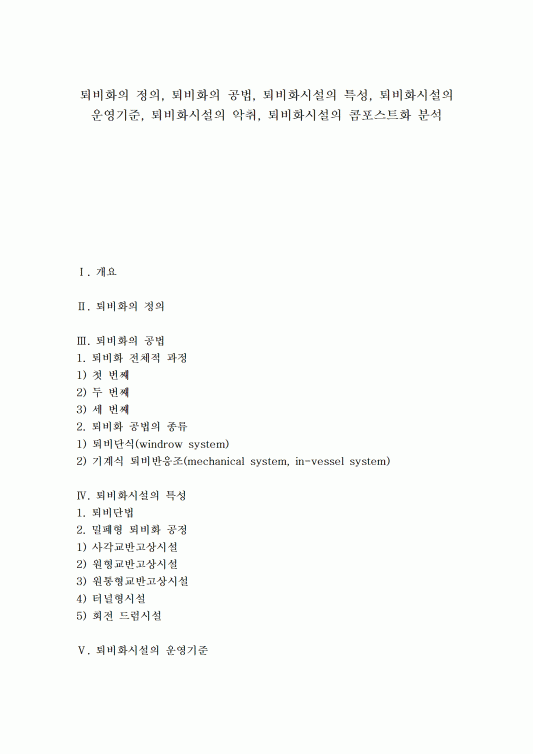 [퇴비화][퇴비화시설][퇴비화의 공법][퇴비화시설의 운영기준][퇴비화시설의 콤포스트화]퇴비화의 정의, 퇴비화의 공법, 퇴비화시설의 특성, 퇴비화시설의 운영기준, 퇴비화시설의 악취, 퇴비화시설 콤포스트화