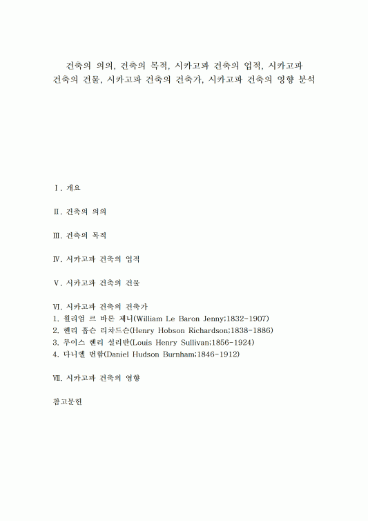 [건축][시카고파 건축][시카고파 건축 건물][시카고파 건축 건축가][시카고파 건축 영향]건축의 의의, 건축의 목적, 시카고파 건축의 업적, 시카고파 건축의 건물, 시카고파 건축의 건축가, 시카고파 건축 영향 분석
