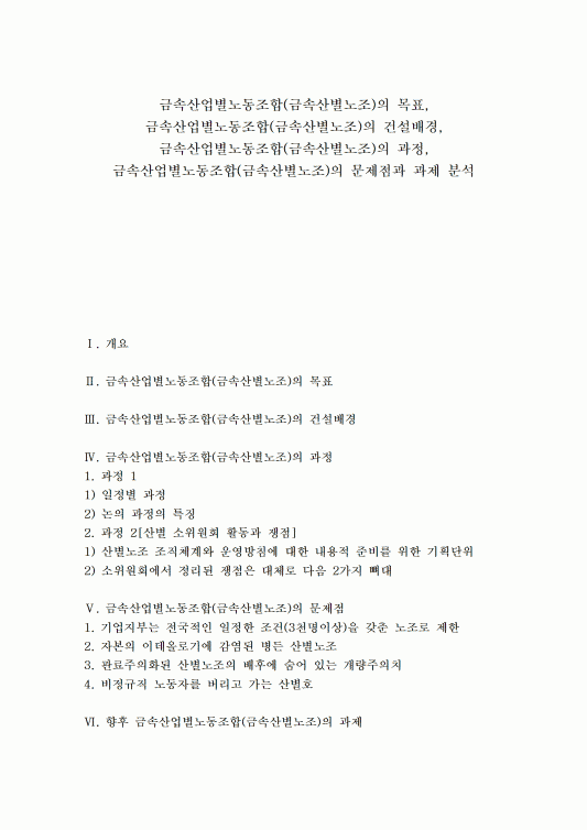 [금속산별노조]금속산업별노동조합(금속산별노조)의 목표, 금속산업별노동조합(금속산별노조)의 건설배경, 금속산업별노동조합(금속산별노조)의 과정, 금속산업별노동조합(금속산별노조)의 문제점과 과제 분석